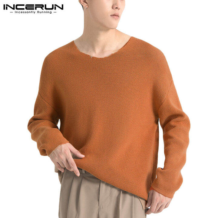 INCERUN เสื้อจั๊มพ์เปอร์ผู้ชาย,เสื้อกันหนาวถักเสื้อสวมหัววินเทจ ...