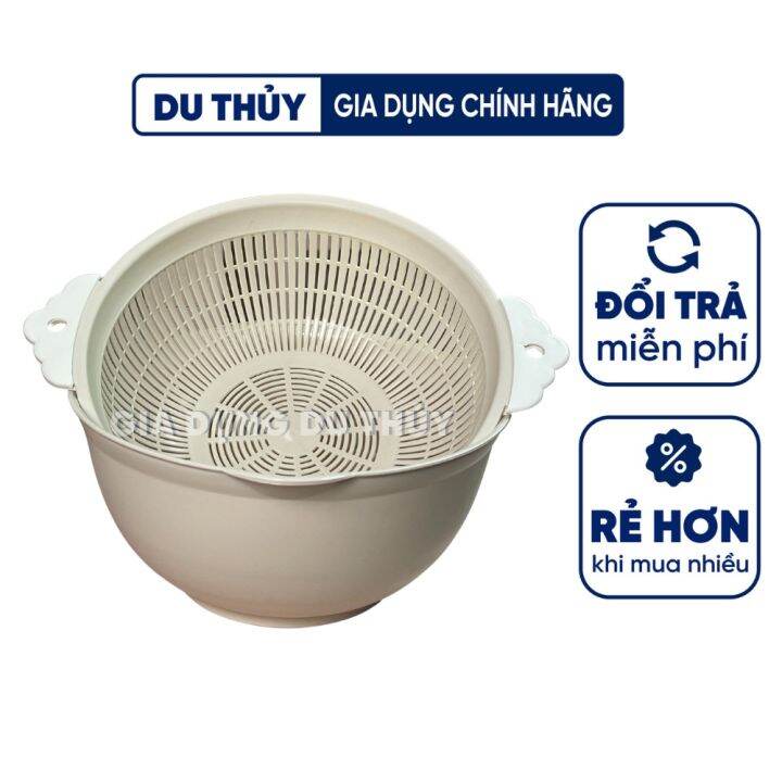 Bộ thau rổ nhựa rửa rau quả hình tròn màu pastel có tay cầm và lỗ xỏ ...