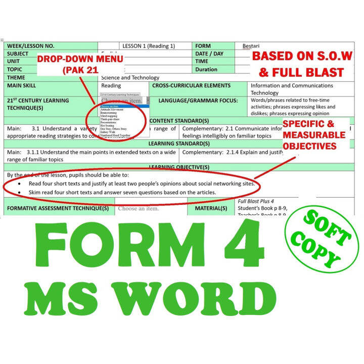 RPH ENGLISH FORM 4 KSSM LESSON PLANS LENGKAP SETAHUN (FULL BLAST ...