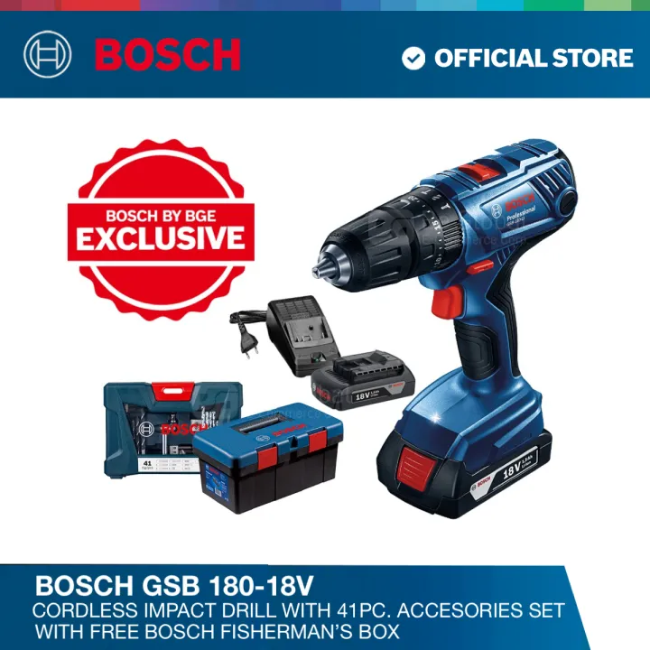 Bosch GSB 180-18V Cordless Impact Drill with 41pc. Accessories Set with ...