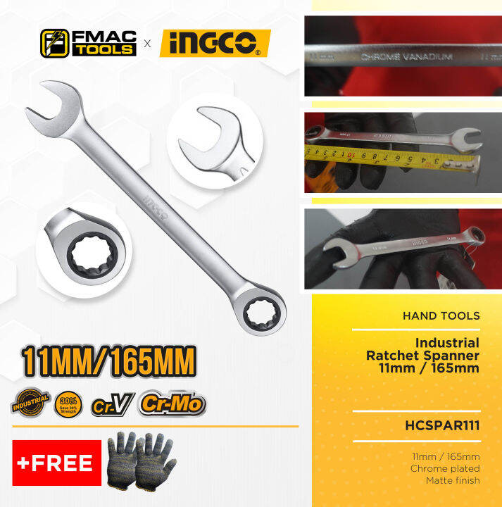 INGCO Industrial Ratchet Spanner 11mm / 165mm CR-V Matte Finish Cr-Mo ...