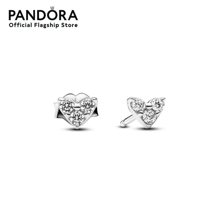 Pandora Heart sterling silver stud earrings with clear cubic zirconia ...