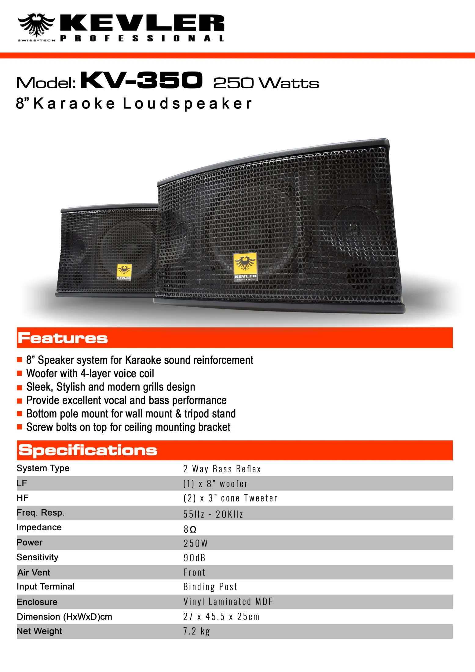 KEVLER KV-350 8" 250W Passive Karaoke Speaker System with 2-Way Bass R ...