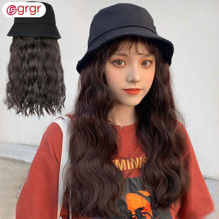 Fgrgr ยาวหมวกหยักวิกผมผู้หญิงผมธรรมชาติพร้อมหมวกชาวประมงที่ถอดออกได้ ...