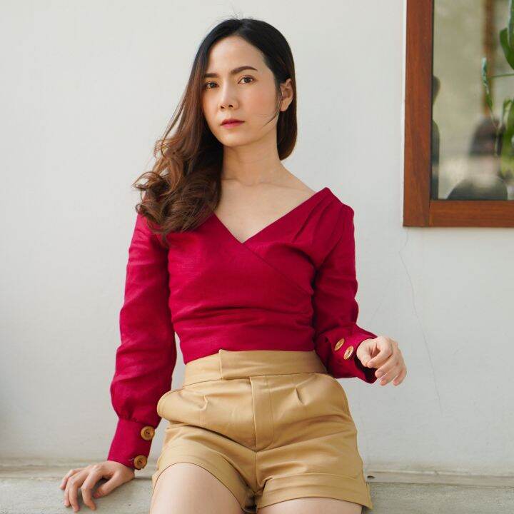 weerin lemon top เสื้อครอปแขนยาว เสื้อแขนยาว คอวี เสื้อปลายแขนพอง เสื้อ ...