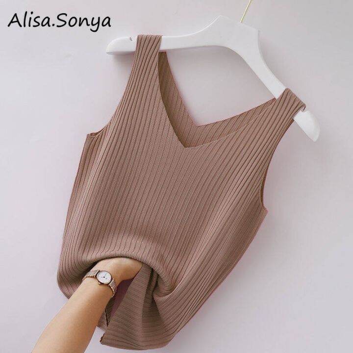 Alisa Sonya Womens Suspender Vest Sleeveless Ice Silk V Neck Vertical