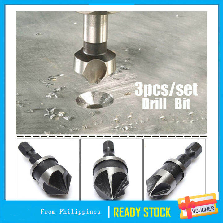 3PC Countersink Drill Bit Set, M2 High Speed Steel, 1/4” Tri-Flat Shank ...
