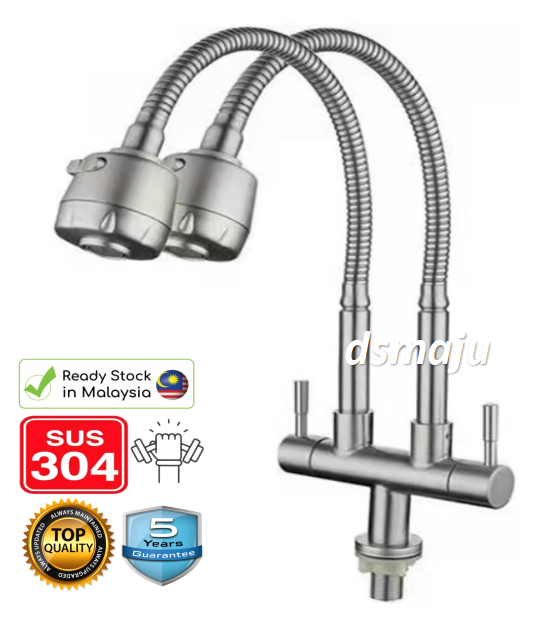 Double Head SUS 304 Stainless Steel Pillar Sink Tap Dual Head Flexible ...