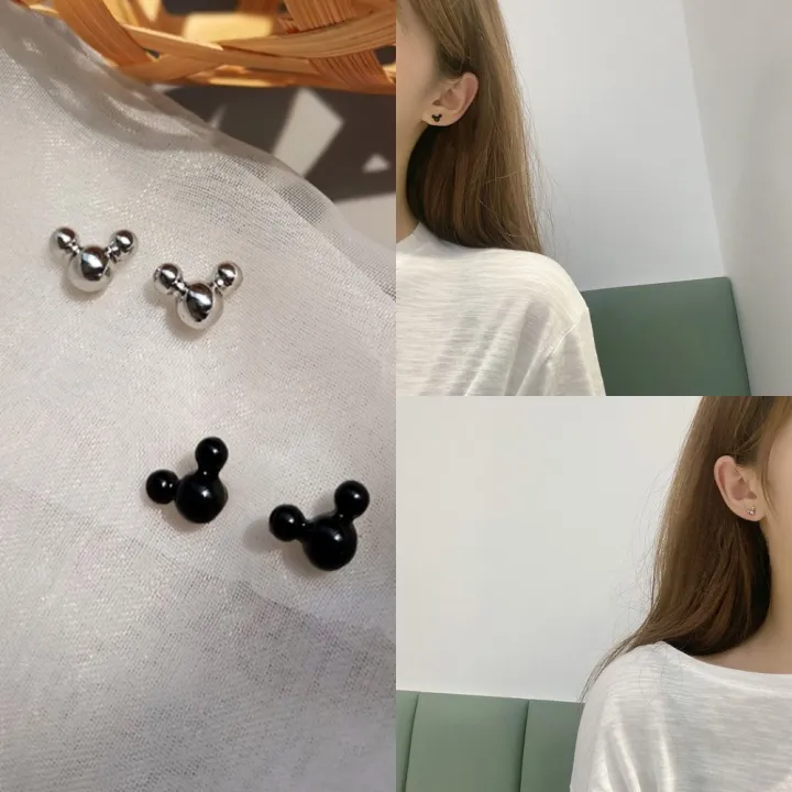 Sanhe ต่างหูเงินรูปหัวหมีมิกกี้สำหรับเด็กผู้หญิง,ตุ้มหูนักเรียนสไตล์เกาหลีตัวเล็กแบบเรียบง่าย ...