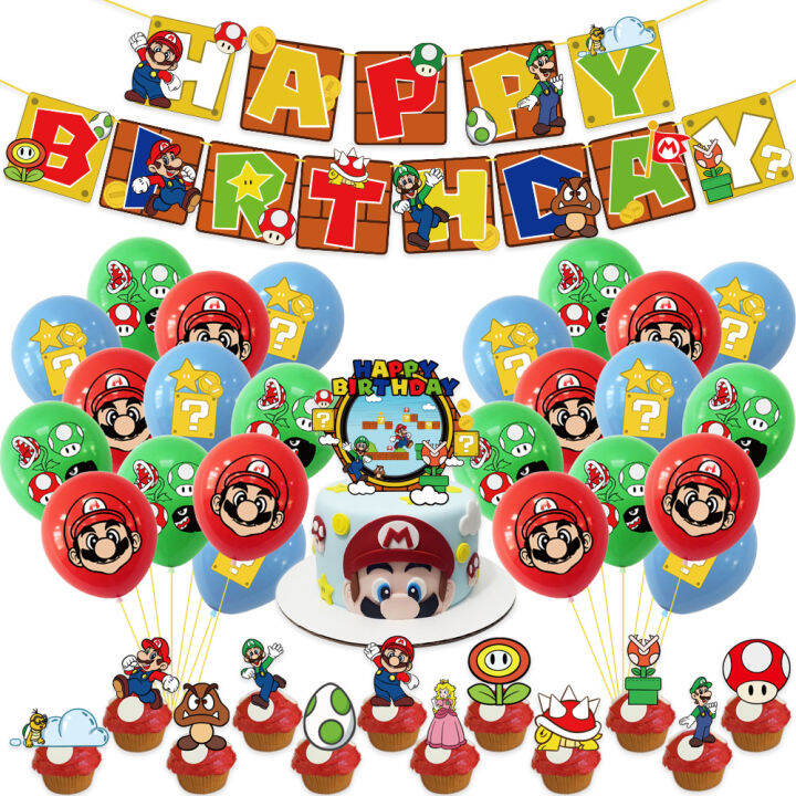 1Set Super Mario Bros Theme Latex Balloon Cake Insert Banner Set Happy ...