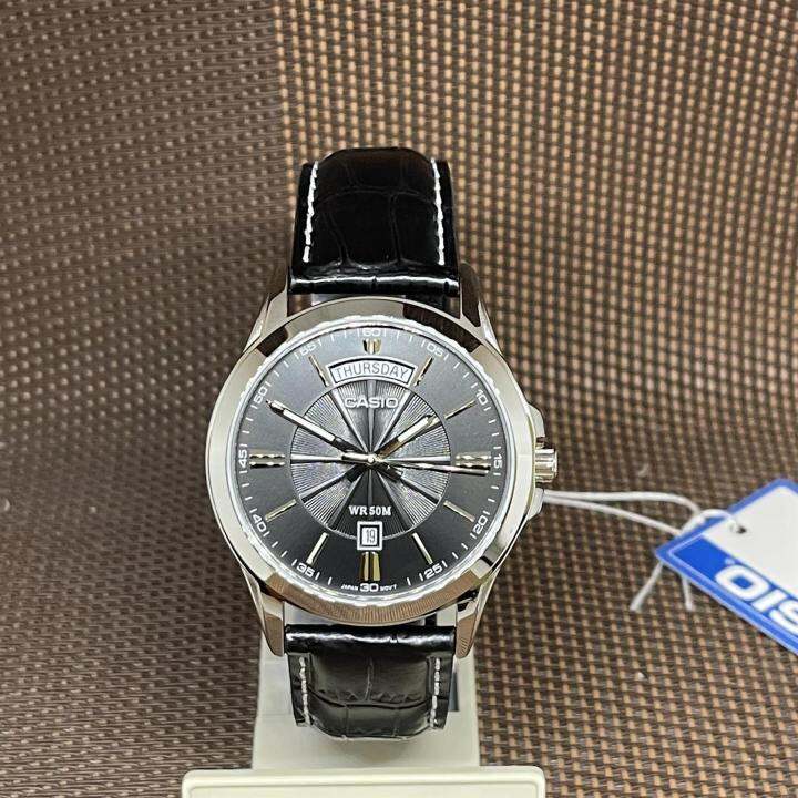 Casio MTP-1381L-1A Black Analog Black Leather Big Day Display Men's ...