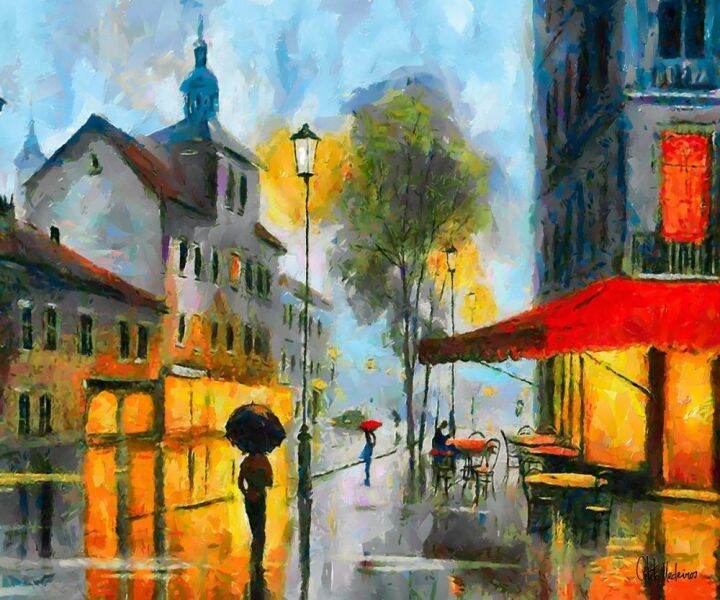 Cafe on a Rainy Day by Celito Medeiros Canvas Wall Oil Paintings for Living Room Street Scenes ...