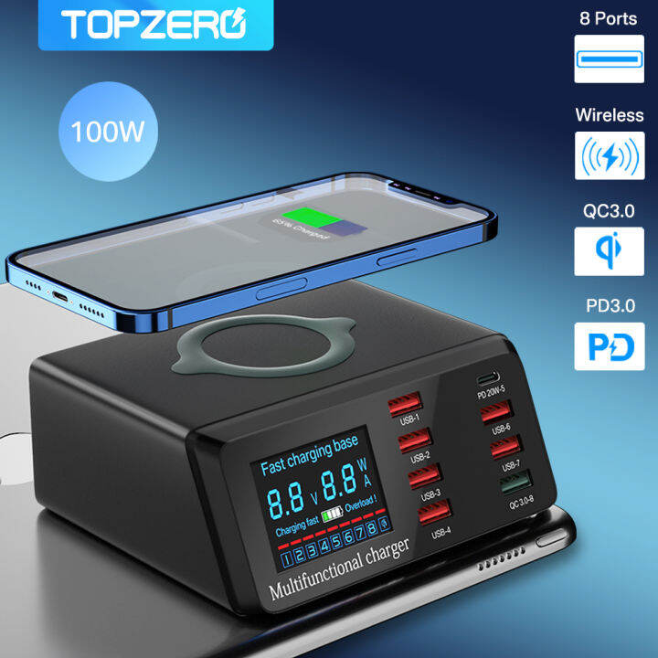 TOPZERO 100W 8 Ports USB Charger Quick Charge 3.0 Adapter HUB Wireless Charger Charging Station ...