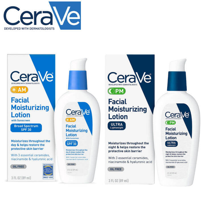 CeraVe PM/AM Facial Moisturizing Lotion Ultra Lightweight for Dry Sensitive Skin Night Face ...