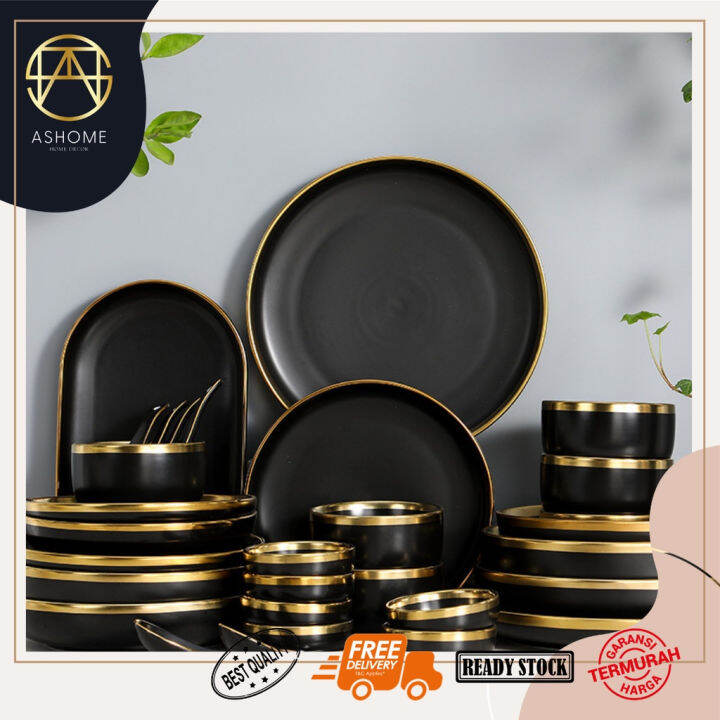 ASHOME Piring Makan Keramik Black List Gold Motif Eropa / Piring Hitam ...
