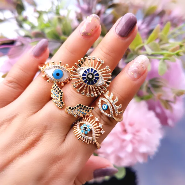 SINLEERY Blue Evil Eye Angel Wings ผสมรูปแบบสีทองปรับขนาดแหวนผู้หญิง2020ใหม่ฤดูร้อนวันหยุด ...