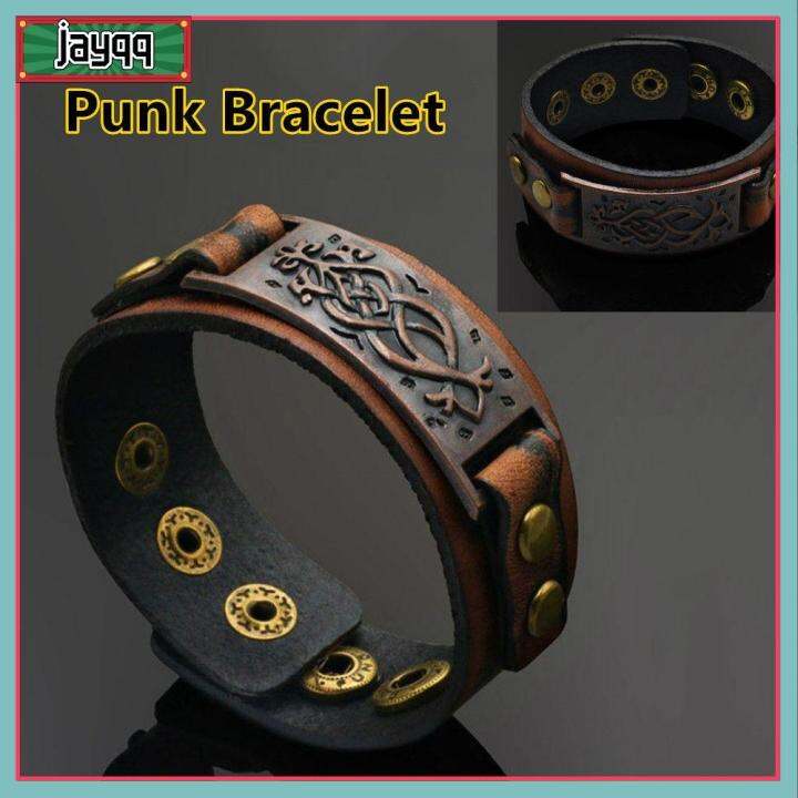 JAYQQ ผู้ชายผู้หญิง ปรับได้ สีน้ำตาล กว้าง กำไลข้อมือ สายรัดข้อมือหนัง กำไลข้อมือ สร้อยข้อมือสแน ...