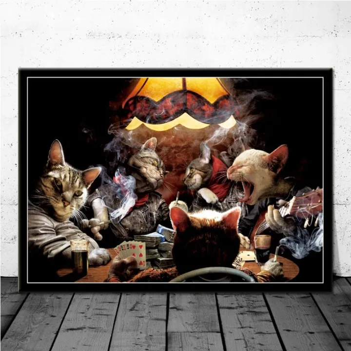 Canvas Painting Hot Cats Dogs Playing Poker Funny Comic Cartoon Modern ...