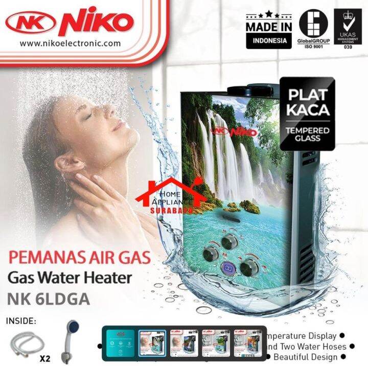 Water Heater - Pemanas Air Gas NIKO Body Kaca / Tempered Glass + Temperature LED Display ...
