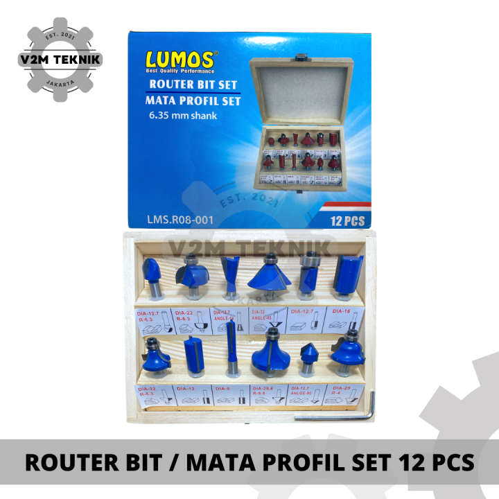 LUMOS Router Bit Set 12 Pcs / Mata Pisau Profil Kayu / Mata Trimmer Set ...