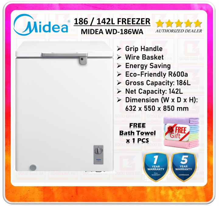 *FREE BATH TOWEL* Midea (186L / Net 142L) Chest Freezer WD-186WA With ...