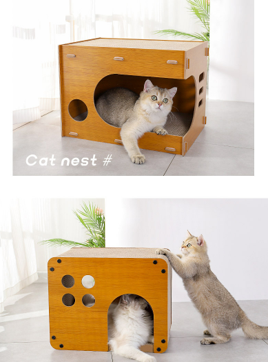 Rectangle Wood Cat House with Scratch Board Box Cat Wood Box Cat House ...