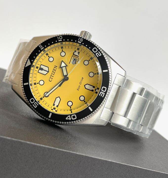 Citizen Watch Eco Drive AW1760-81Z Yellow Date Dial Silver Stainless ...