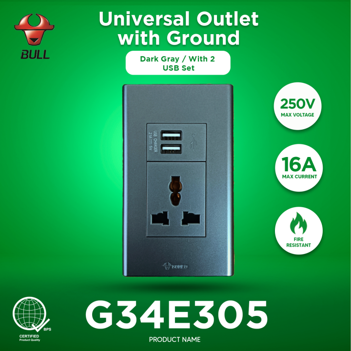BULL 3 Prong Universal & 2 Gang USB Outlet G34E305 | Lazada PH
