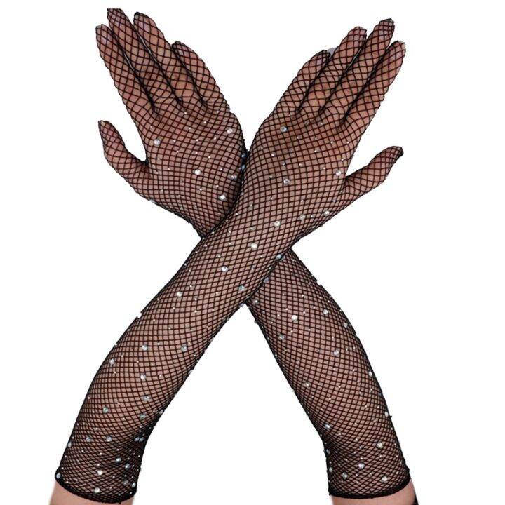 Luxury Rhinestone Fishnet Long Gloves Diamonds Gloves Bling Mesh Arm ...