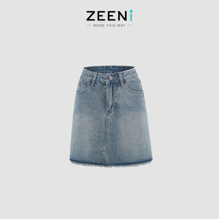 ZEENI กางเกงยีนส์ยีนส์เอวสูงชายเสื้อกระโปรงทรงเอผ้ายีนส์สีตัดกันแบบ ...