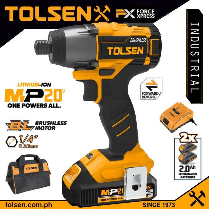 Tolsen LI-ION Brushless Cordless Impact Driver w/ 2 Battery & Bag (All ...