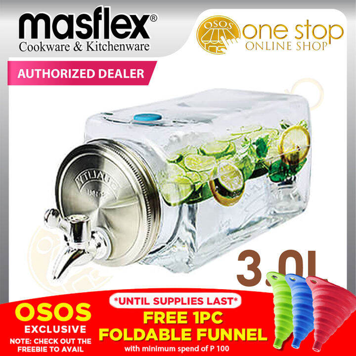Masflex Original 3Liters Glass Dispenser with Metal Lid and Water Tap ...