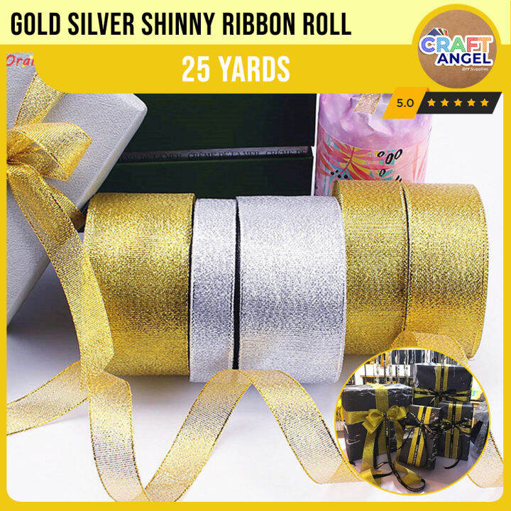 (25 yards) 10/20/25/40mm Gold Silver Shinny Ribbon Roll Gift Flowers ...