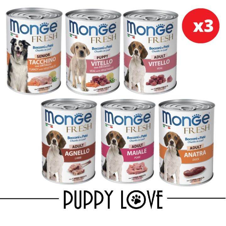 Monge Fresh Chunks in Load Dog Can Food x 3 (400g) - Puppy/ Adult ...