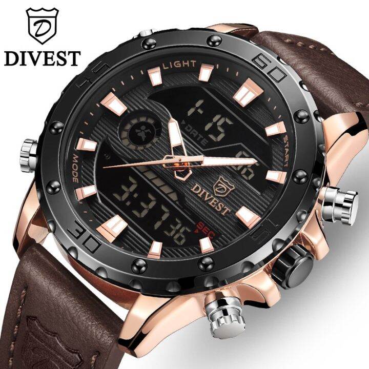 TOP★DIVEST แบรนด์แฟชั่นสุดหรู LED ดิจิตอลนาฬิกาผู้ชายโครโนกราฟสปอร์ตสายหนังสบาย ๆ ควอตซ์กันน้ำ ...