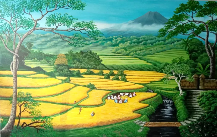 Lukisan pemandangan sawah dengan nuansa yang tenang dan elegan | Lazada ...