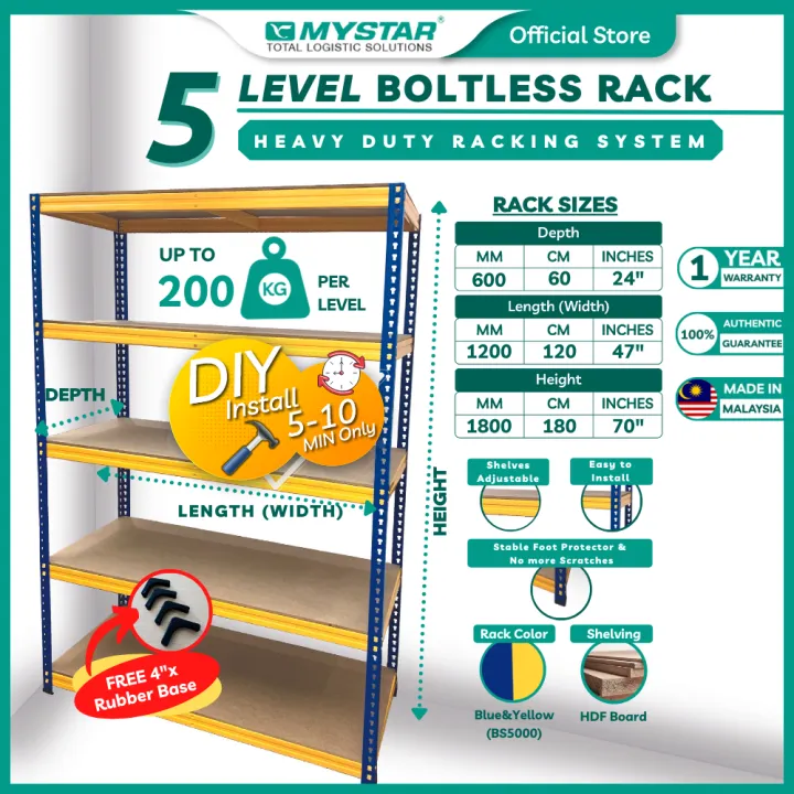 MYSTAR Boltless Rack 5 Level 120W x 60D x 180H cm Storage Rack ...