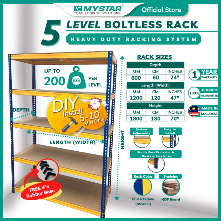 MYSTAR Boltless Rack 5 Level 120W x 60D x 180H cm Storage Rack ...