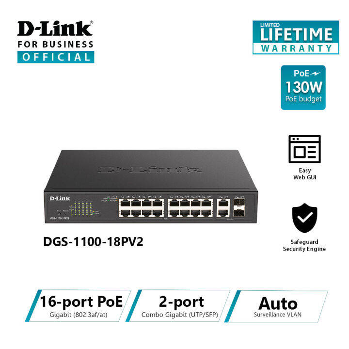 D-Link DGS-1100-18PV2 18-Port Gigabit Smart PoE Switch with 16 PoE, 2-Port UTP Gigabit/SFP Combo ...