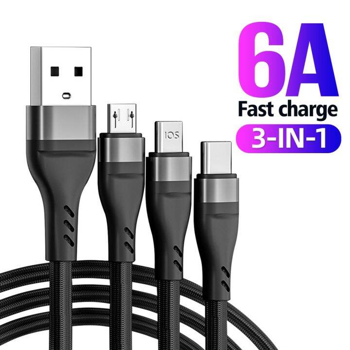 6A Fast Charging Data Cable Wire 3 In 1 Braided Durable Android Micro ...