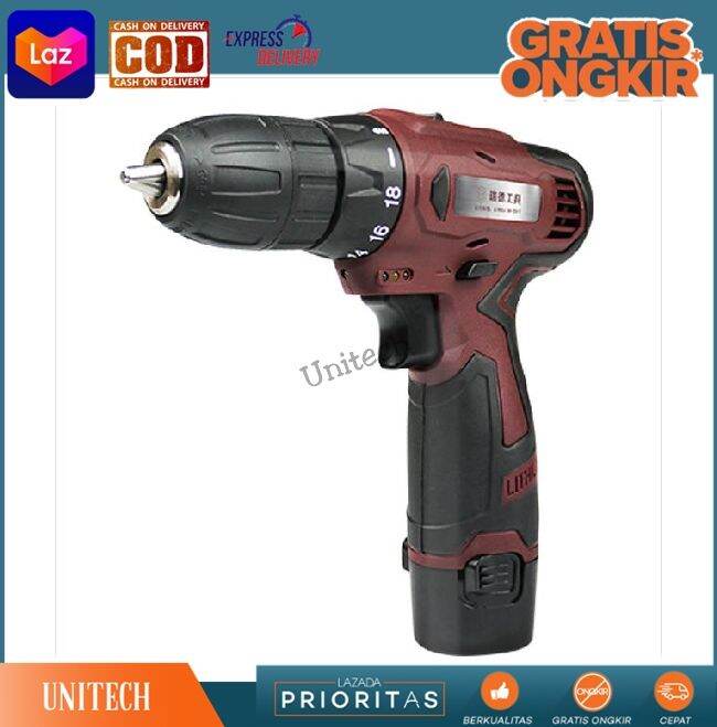 Unitech CREST Bor Listrik Cordless Power Drill Dual Lithium-ion 12V ...