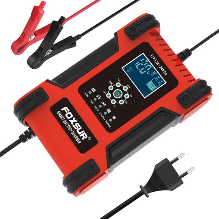 FOXSUR 12V/24V 12A/6A Battery Charger 7-Stage Charging LCD Display Motorcycle & Car Battery ...