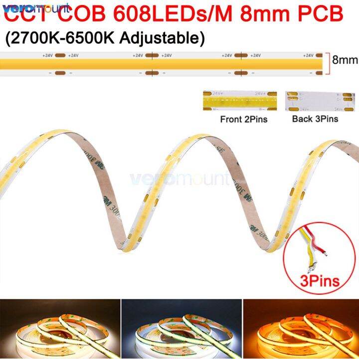 5m DC12V 24V 5mm 8mm 10mm PCB COB CCT LED Strip 608 LEDs/m High Density Flexible Dimmable FOB ...