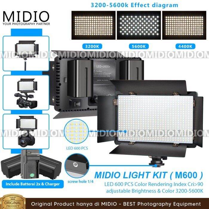 Video Lighting LED M600 Kit Plus 2xBaterai dan Charger Adaptor | Lazada ...