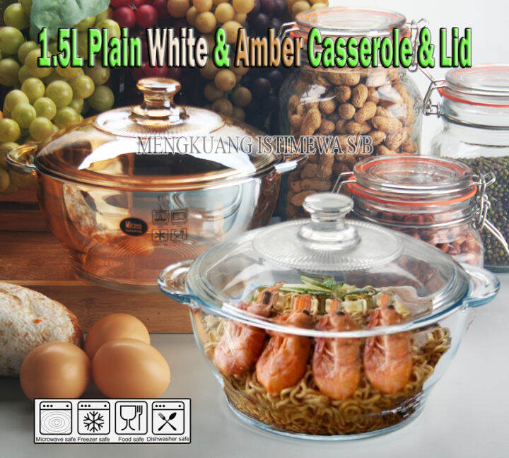 1.5L BOROSILICATE MICROWAVE/OVEN BAKE AMBER SERVE GLASS CASSEROLE WITH ...