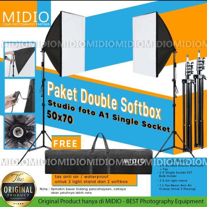Paket Double Softbox Midio A1 Light Stand 2m 1 Socket E27 Sofbox
