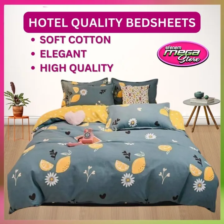 EFENEM Mega Store l 4 in 1 Bedsheet Set Beautiful Flower and Lemon Design, Soft Cotton Bedding ...