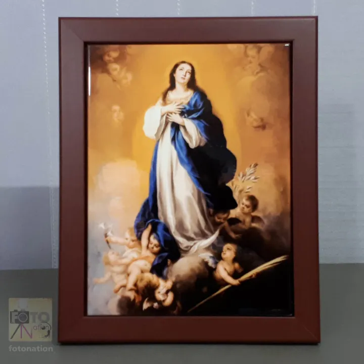 Wooden frame with religious image of Our Lady of Immaculate Conception ...