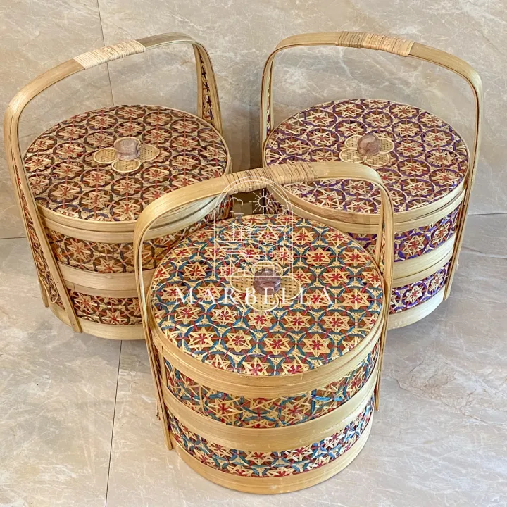 Natural Bamboo Bakul Raya 2 tier storage tiffin hamper basket handmade ...