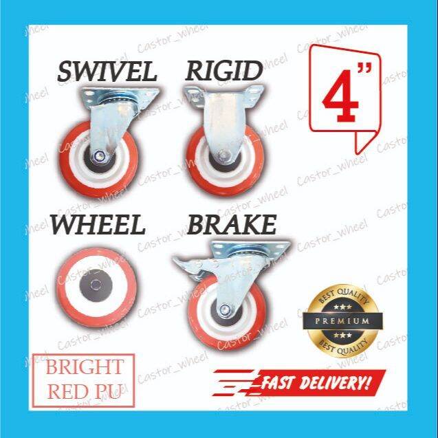 4'' (100mm) HEAVY DUTY BRIGHT RED PU SWIVEL/RIGID/BRAKE CASTOR/CASTER ...
